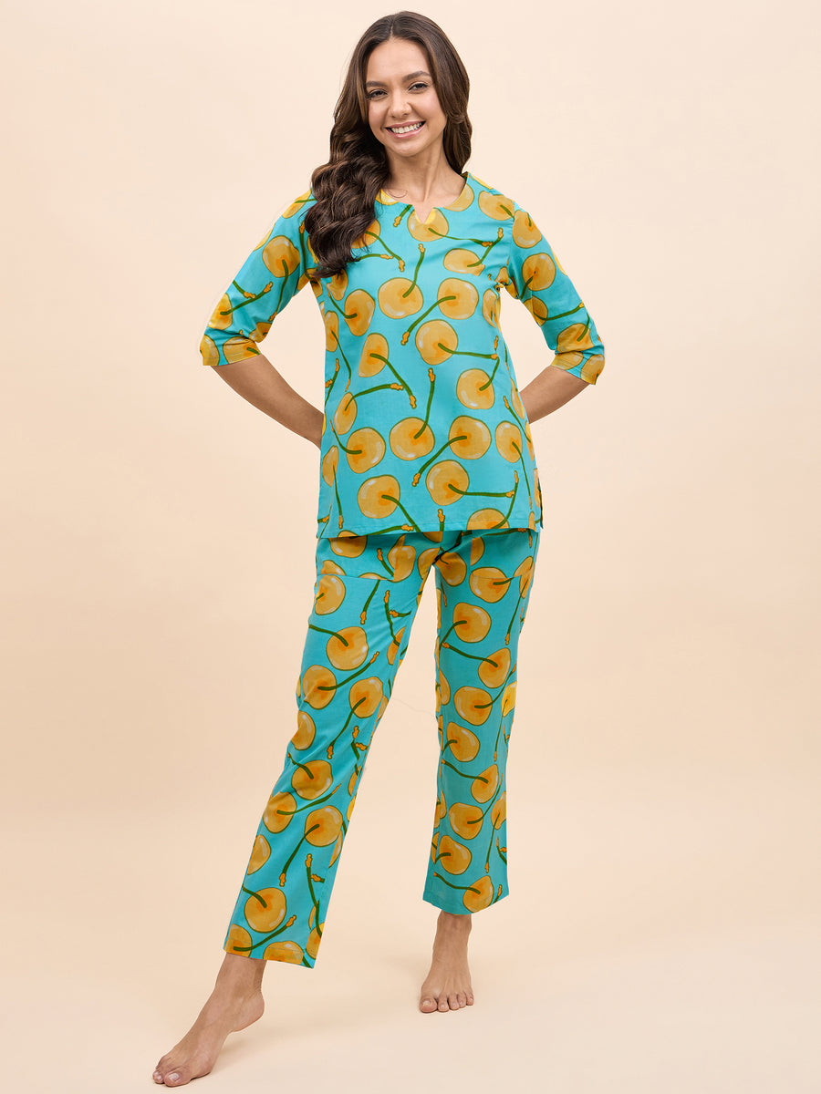 Buy Kurta Pyjama Set in Yellow Fruit Print for Women
