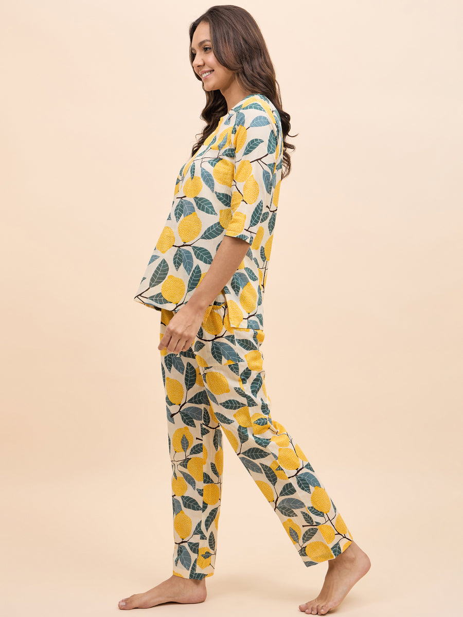 Buy Kurta Pyjama Set in Yellow Lemon Print for Women