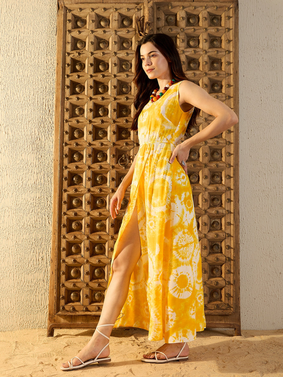 Buy Overlap Front open Maxi Dress in Yellow Tie & Dye for Women