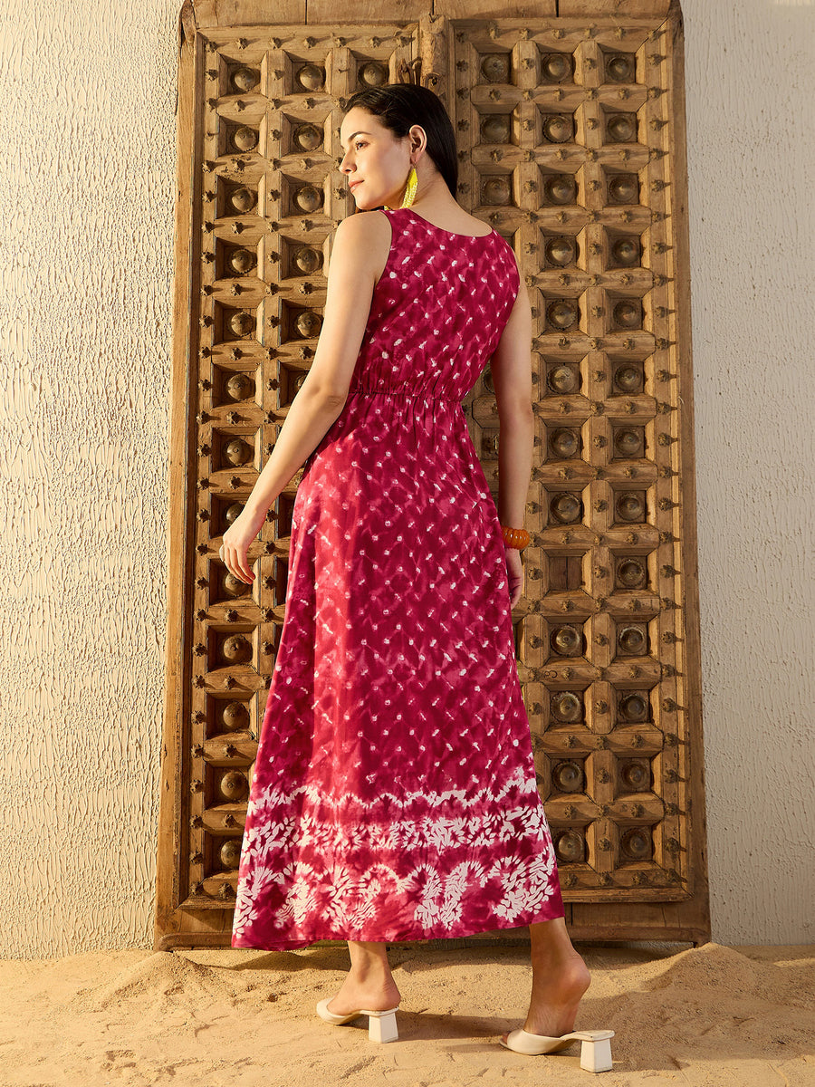 Buy Overlap Front open Maxi Dress in Maroon Tie & Dye for Women