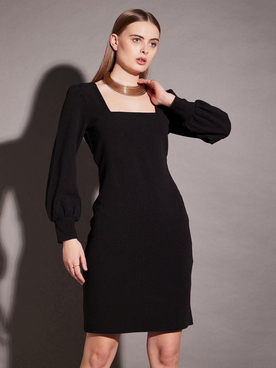 Buy Short Bodycon Dress with balloon sleeve in Black Color for Women