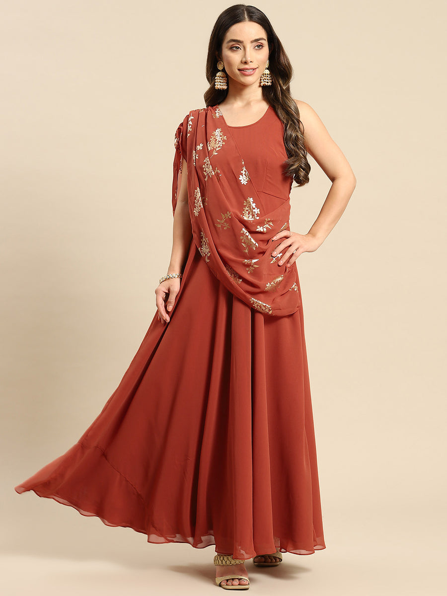 Buy Long flare dress with dupatta drape in Rust for Women
