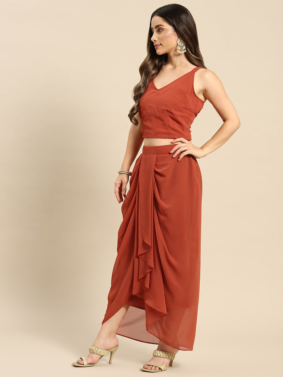 Buy Shrug with crop top and skirt in Rust for Women