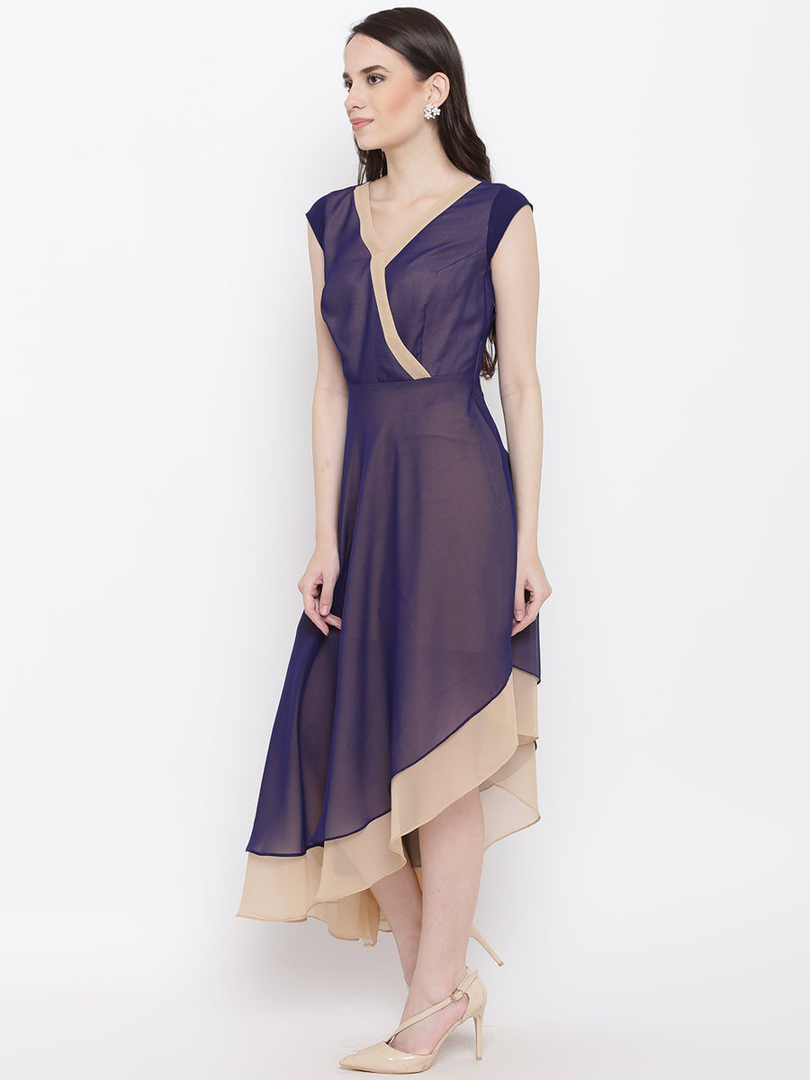 Buy Diagonal double layered dress in Midnight Blue for Women